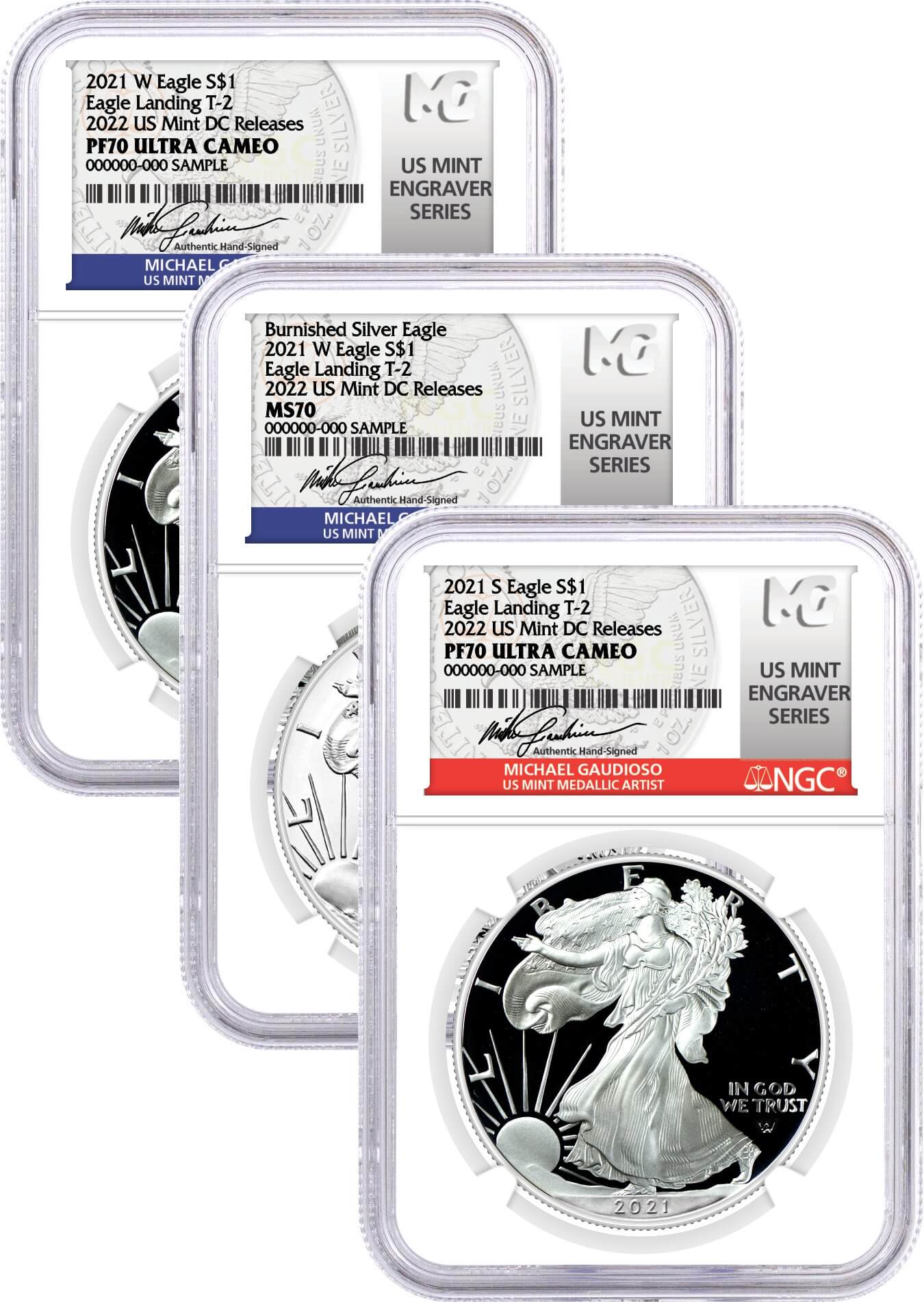 2021 3-coin Set $1 Silver Eagle Type 2 2022 US Mint DC Releases NGC PF70/PF70/MS70 Signed by ...